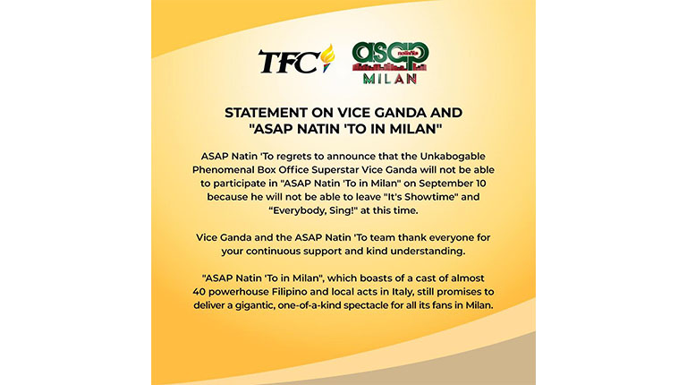 STATEMENT ON VICE GANDA AND "ASAP NATIN 'TO IN MILAN" | myTFC